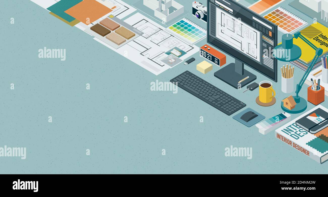 3D illustration. Professional architect isometric desktop with house ...