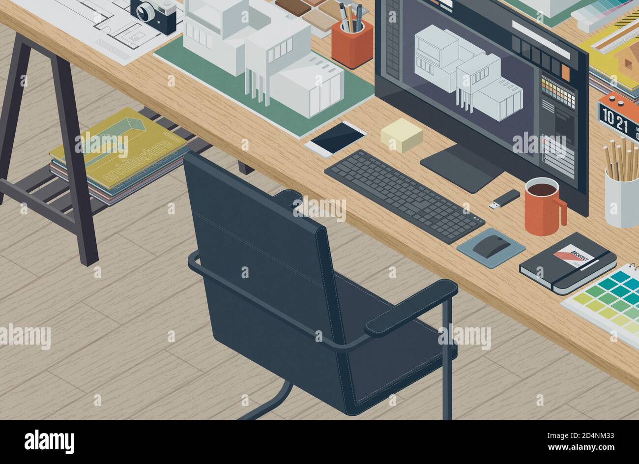 3D illustration. Professional architect isometric desktop with house ...