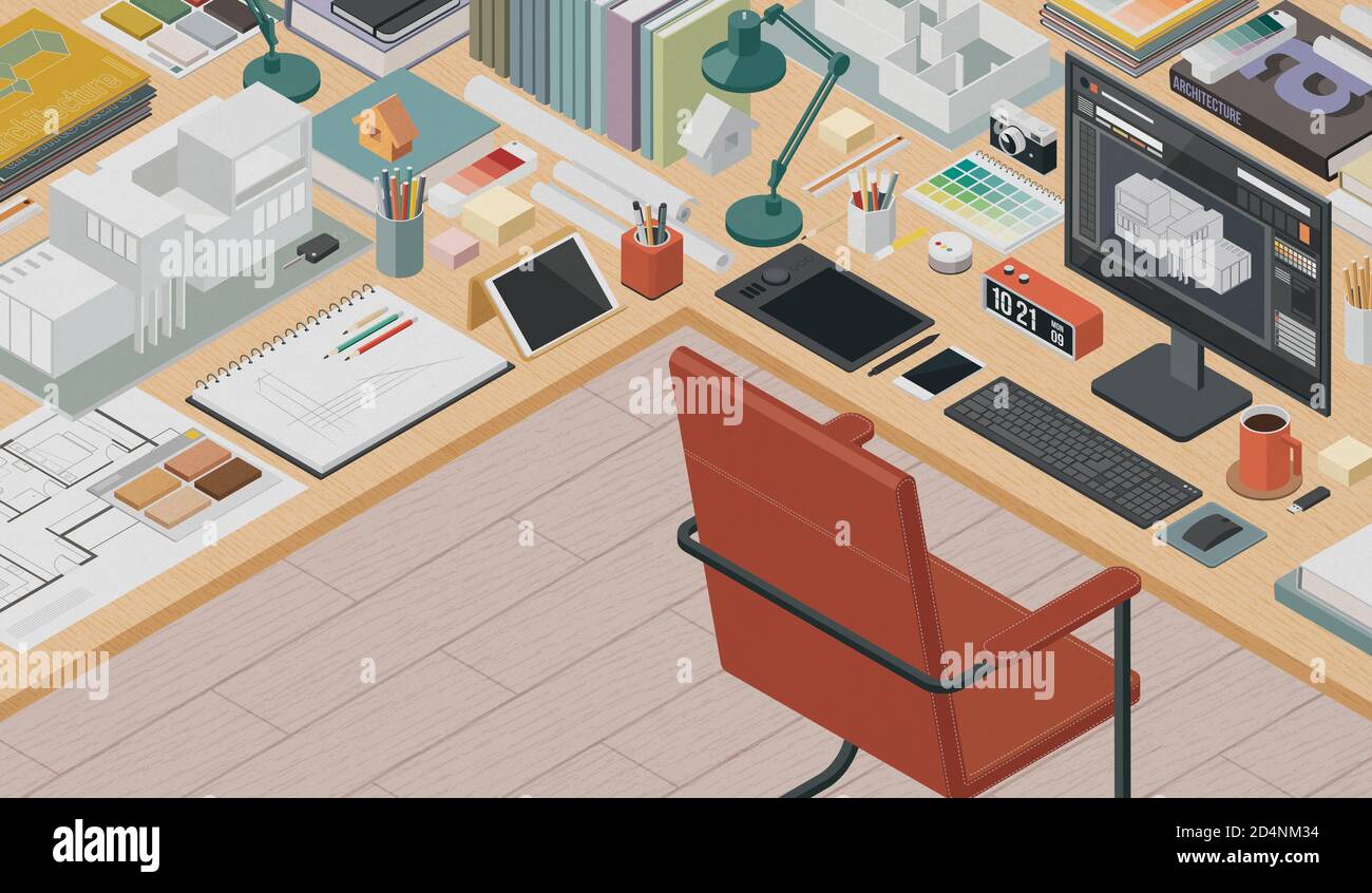 3D illustration. Professional architect isometric desktop with house ...