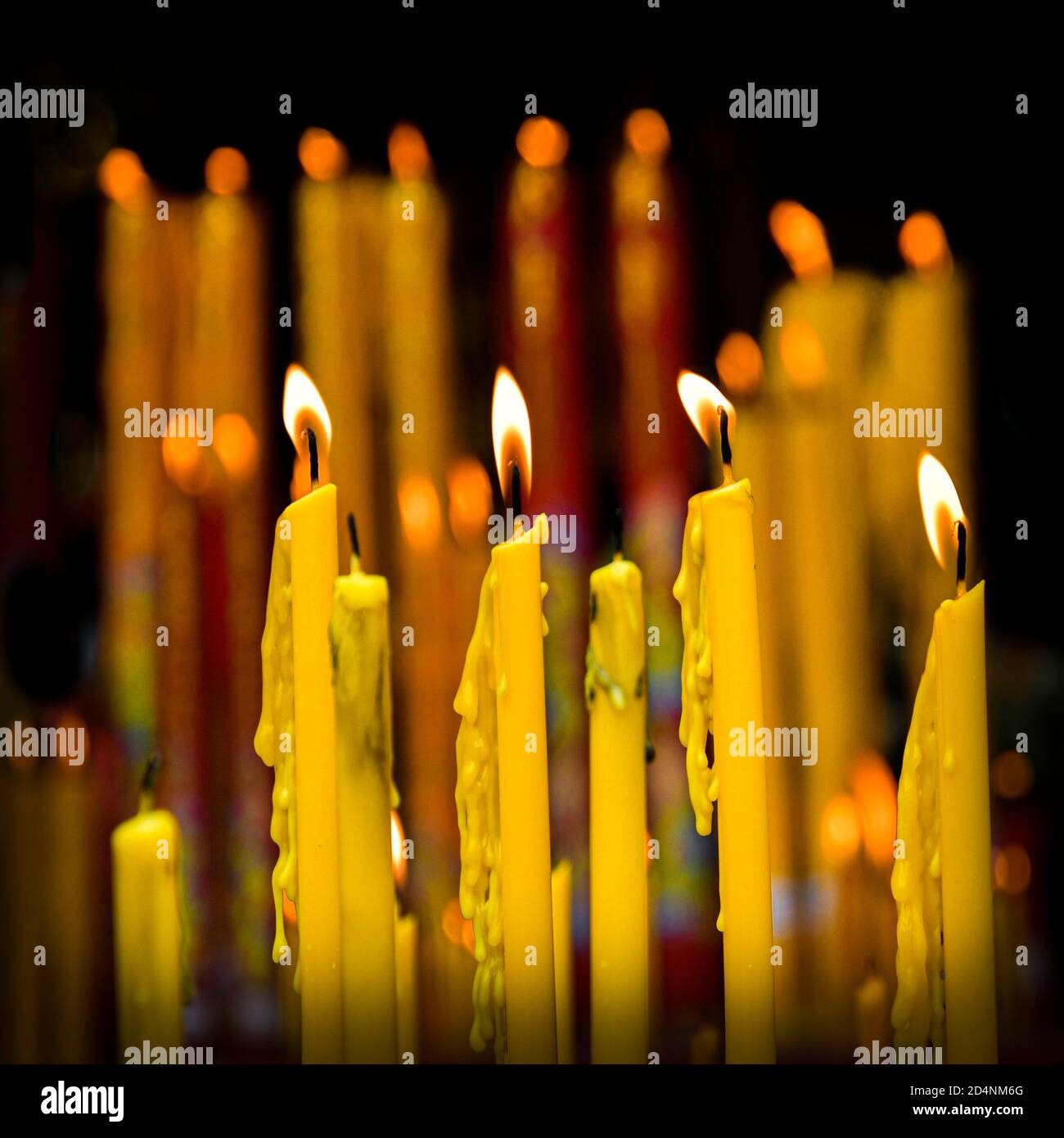A close up view of burning yellow temple candles in a buddhist wat in ...