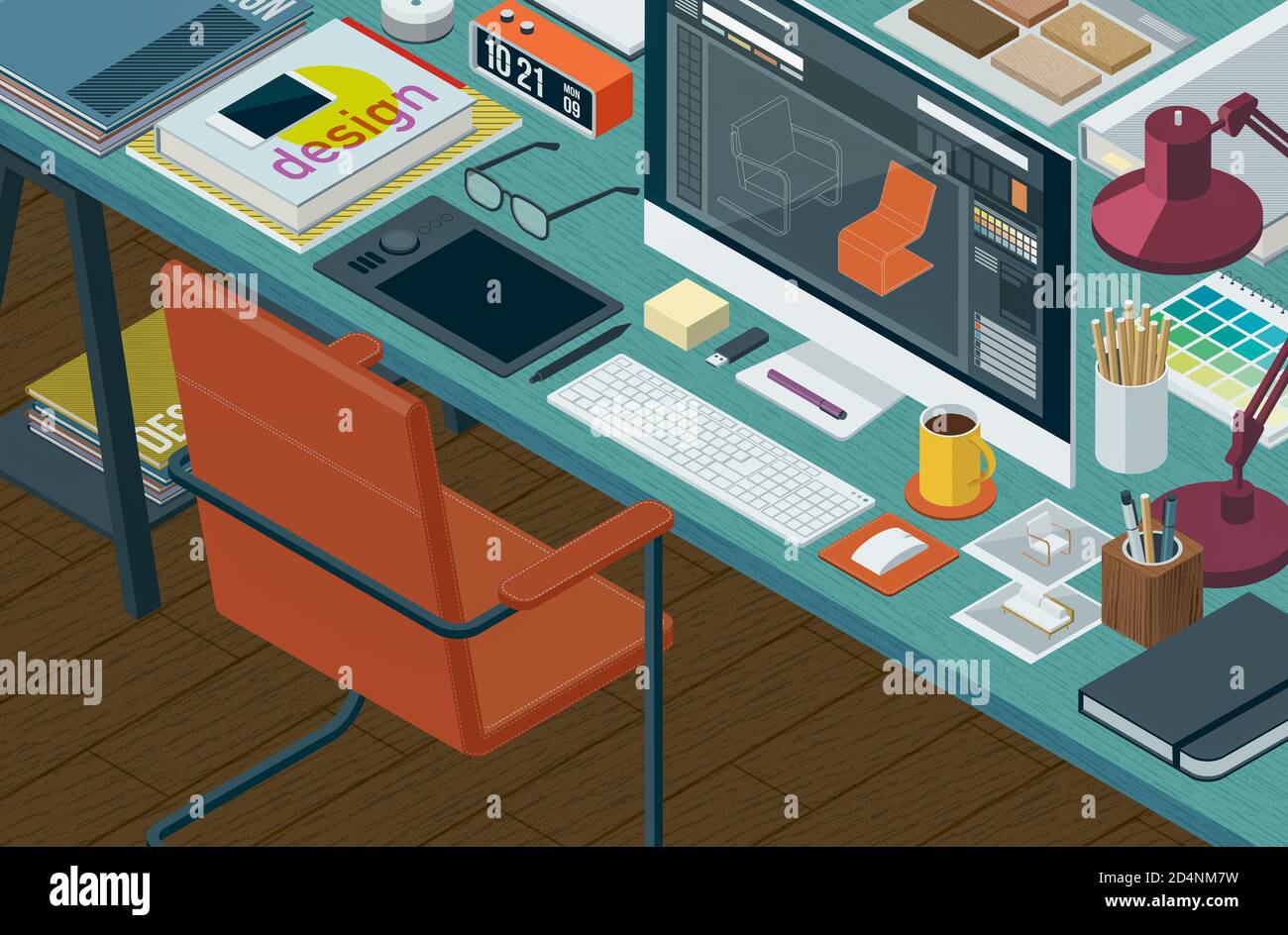 3D illustration. Creative furniture designer isometric desktop with ...