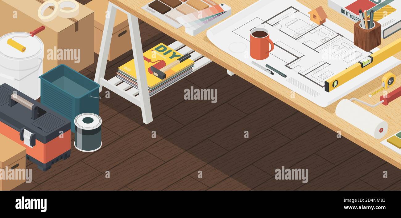 DIY and interior design: home renovation project, isometric tools and ...