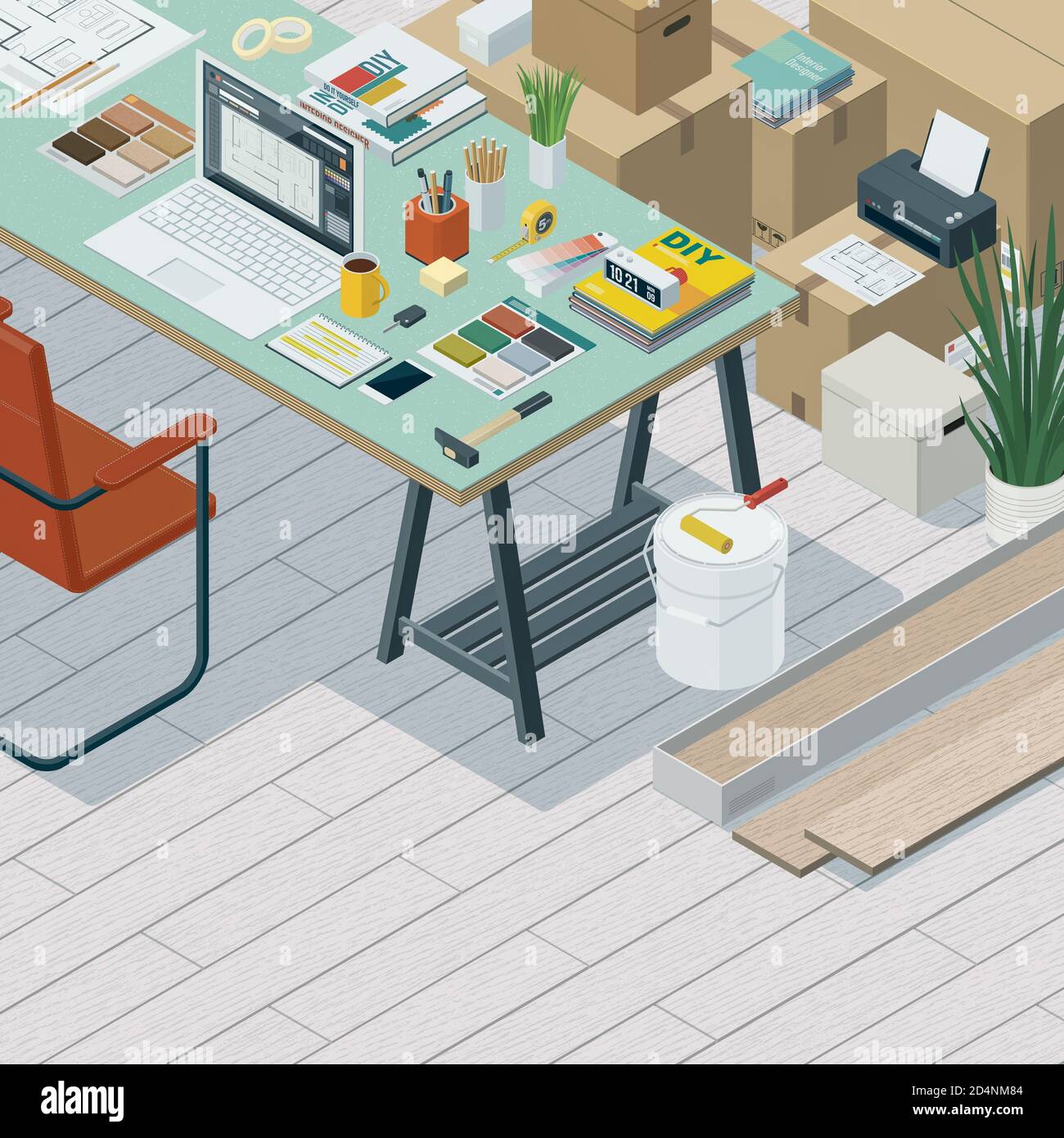 Home relocation and makeover: desktop with laptop, house projects and ...