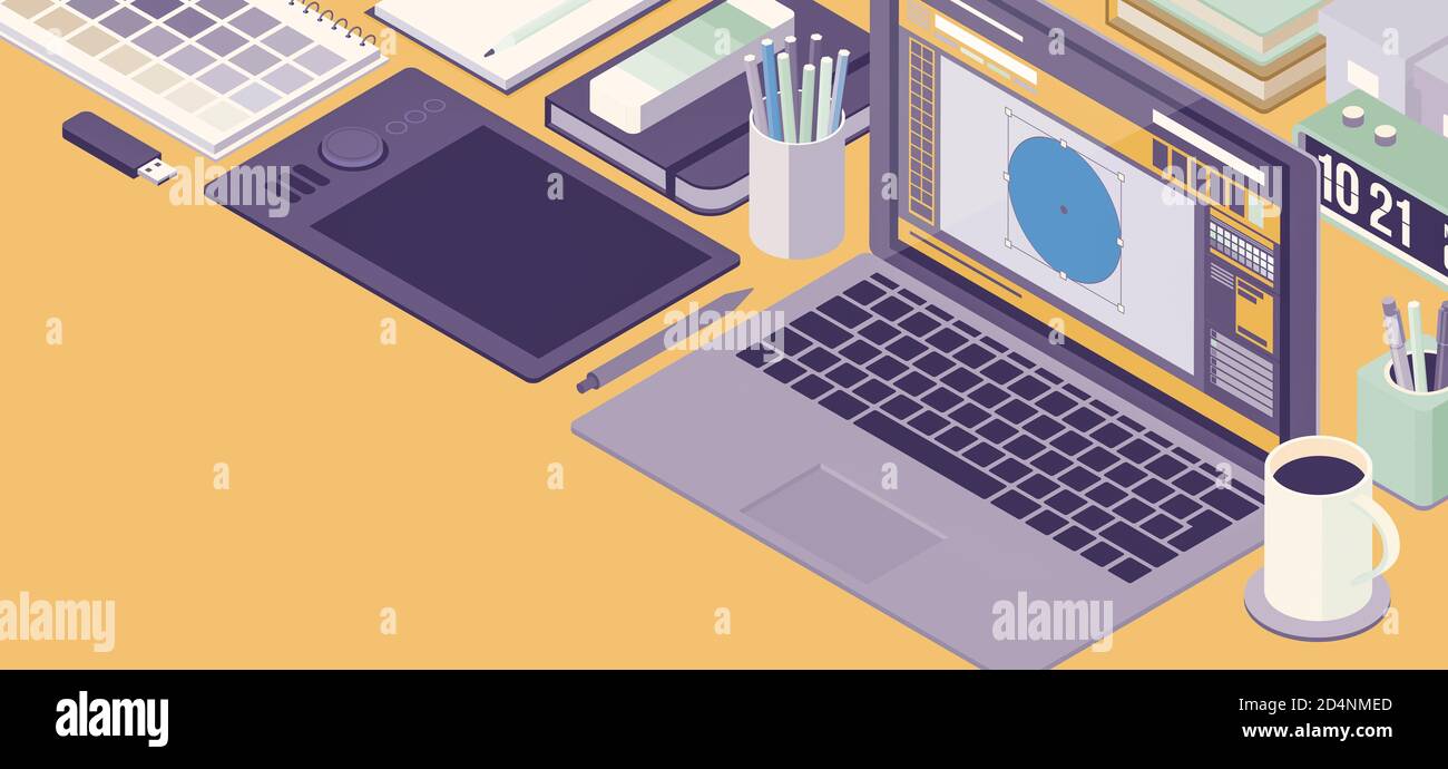 3D illustration. Professional graphic designer workspace: isometric ...