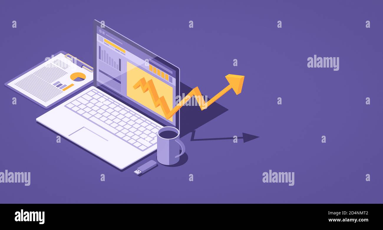 Successful financial chart with arrow going up on a laptop, isometric ...