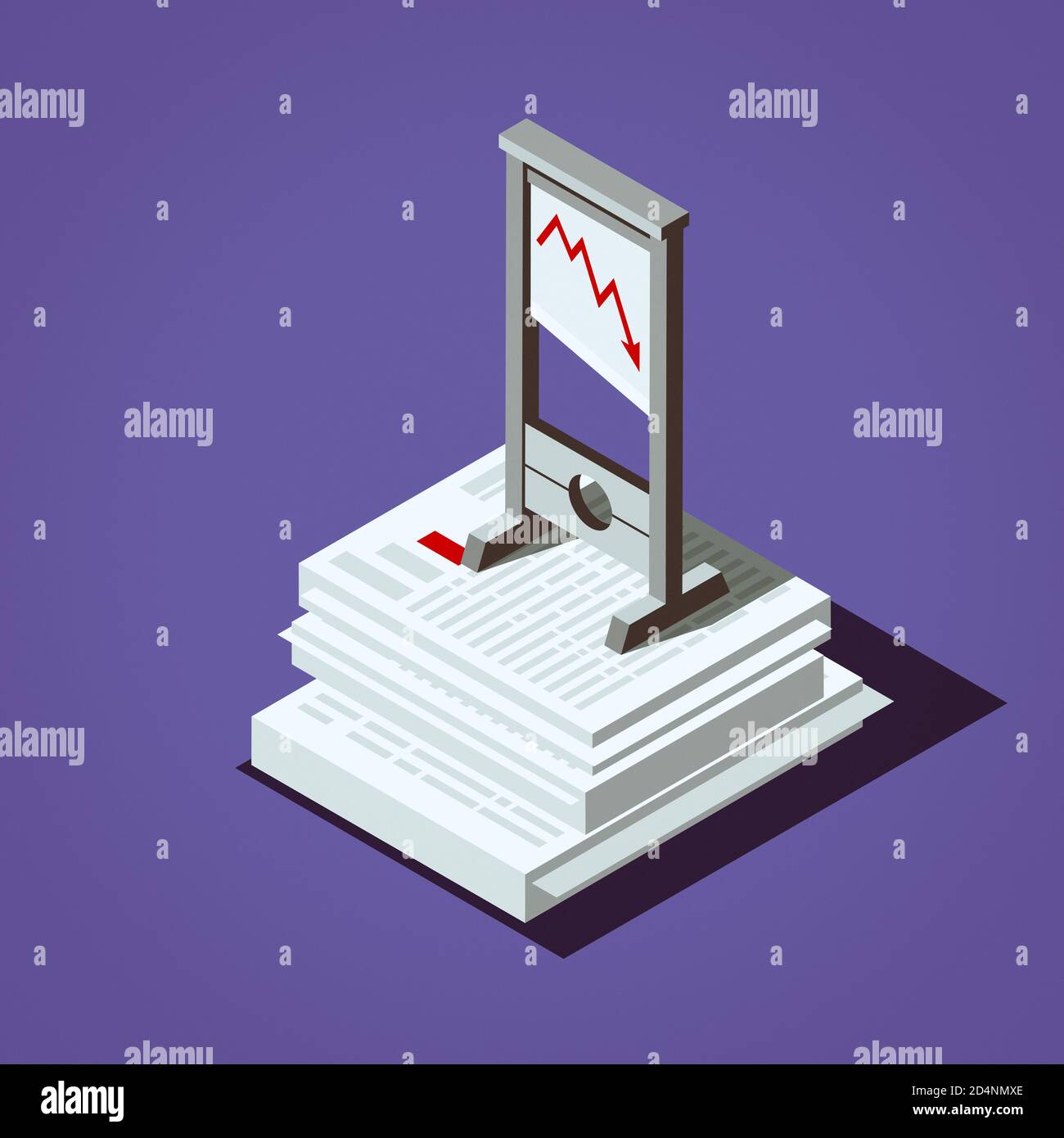 Guillotine with negative financial chart on a pile of business reports ...