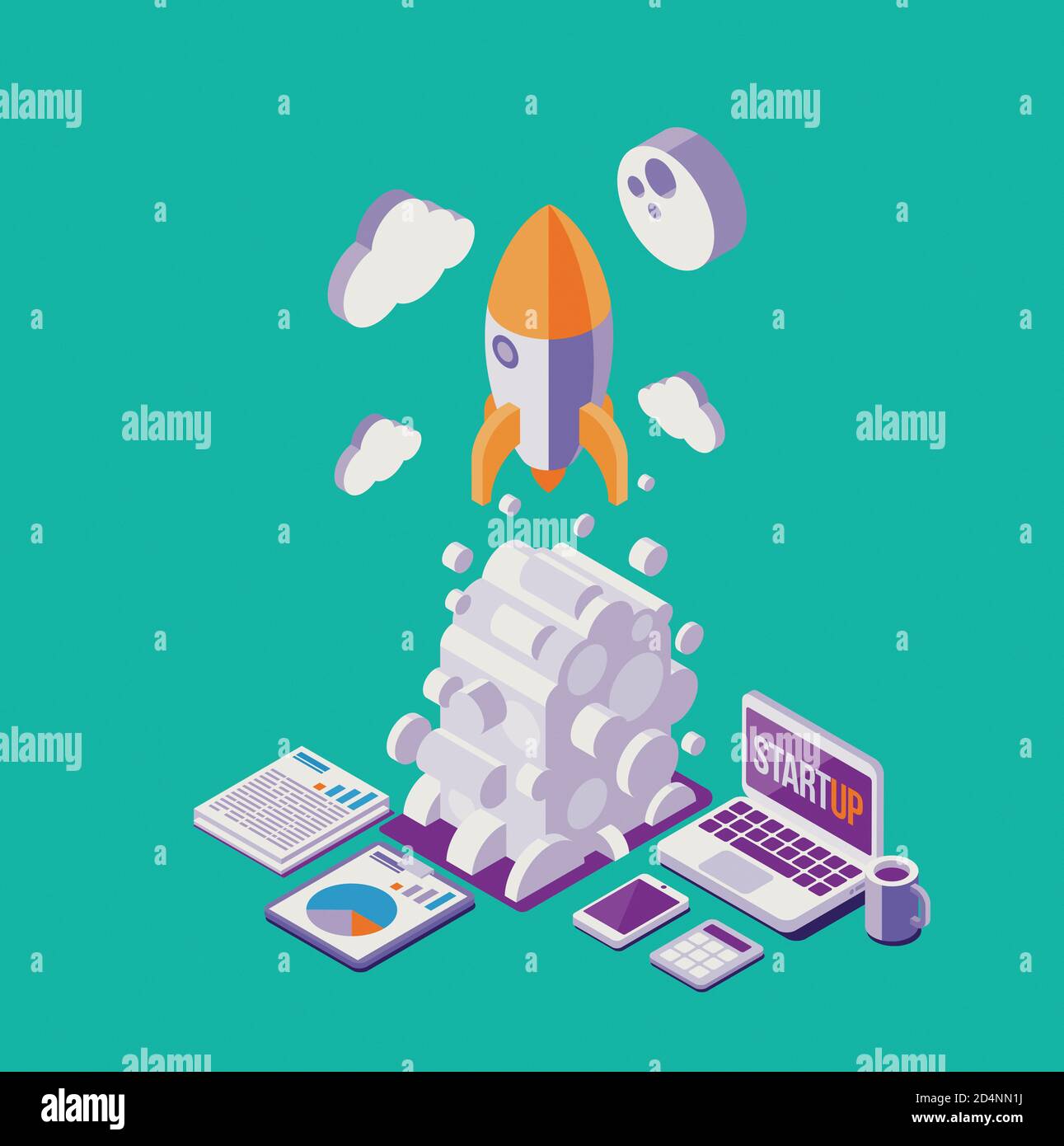 New start up business and rocket launch, isometric 3D illustration ...