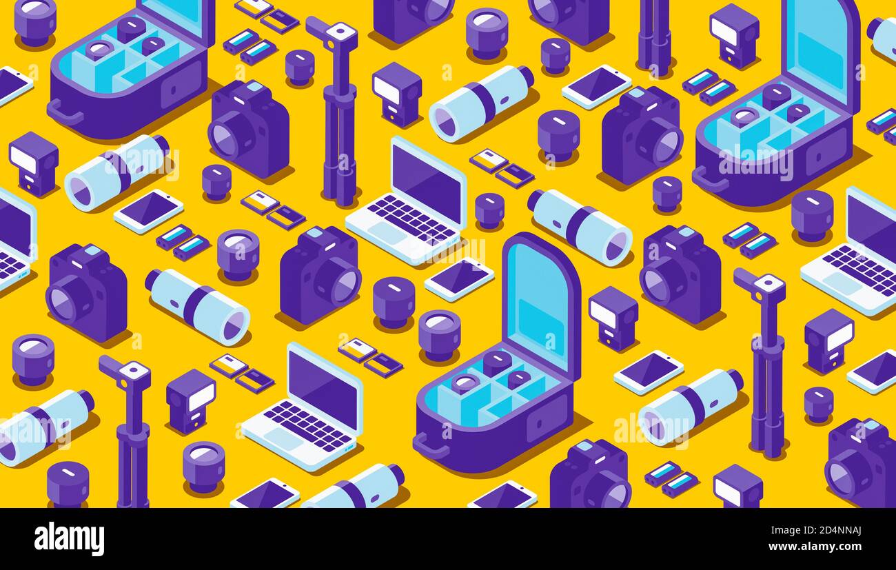 Photography equipment background with digital cameras and work tools ...