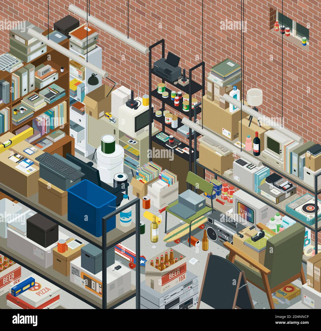 Messy storage room interior with vintage objects and junk, 3D ...