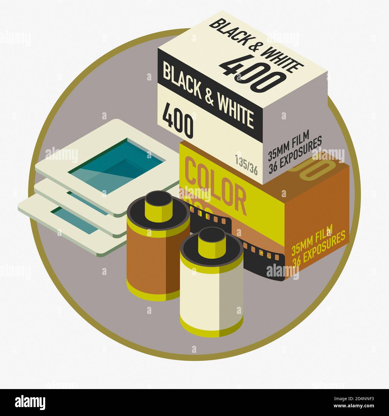 Vintage analog camera equipment: roll films and slides, 3D illustration ...