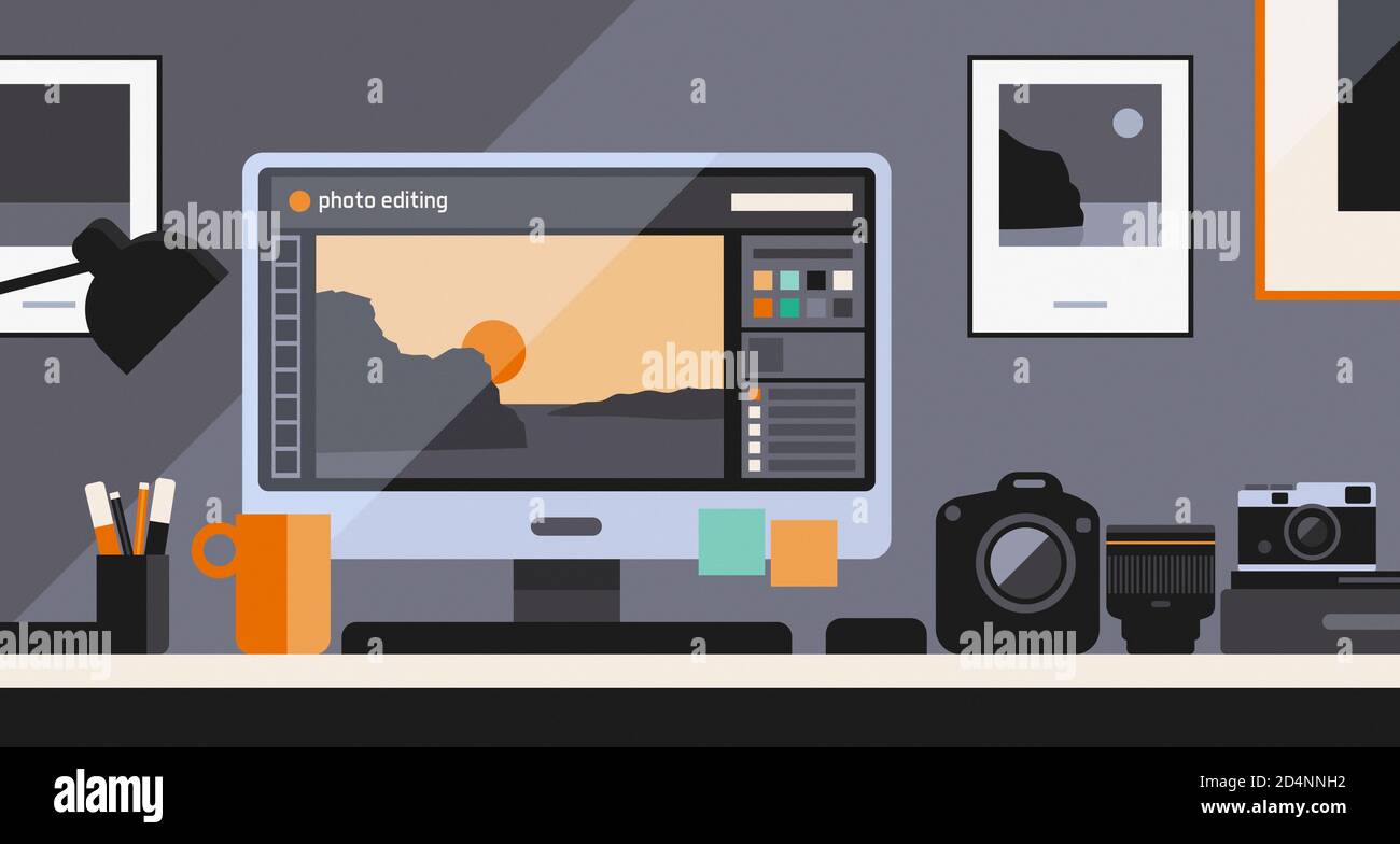 Professional photographer work desktop with computer: photo editing ...