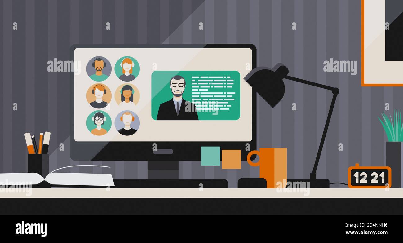 Students and professor connecting online together on a conference call ...