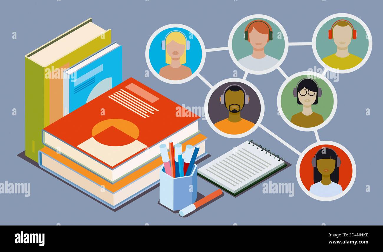 Online virtual classroom and textbooks, online learning concept, 3D ...