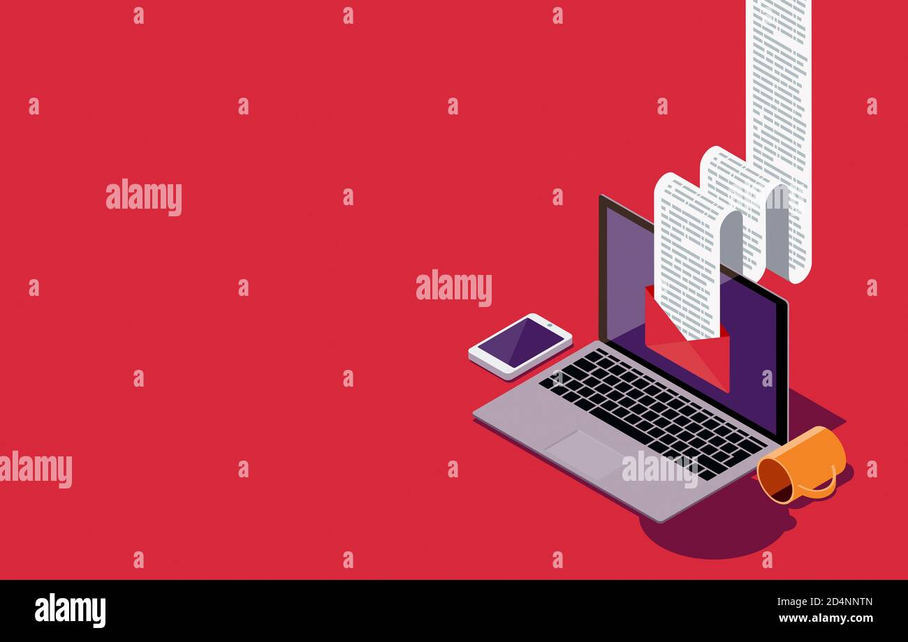 User receiving a very long e-mail on the laptop, 3D illustration Stock ...
