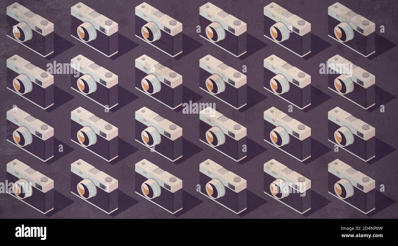 Repetition of identical isometric camera, photography background, 3D ...