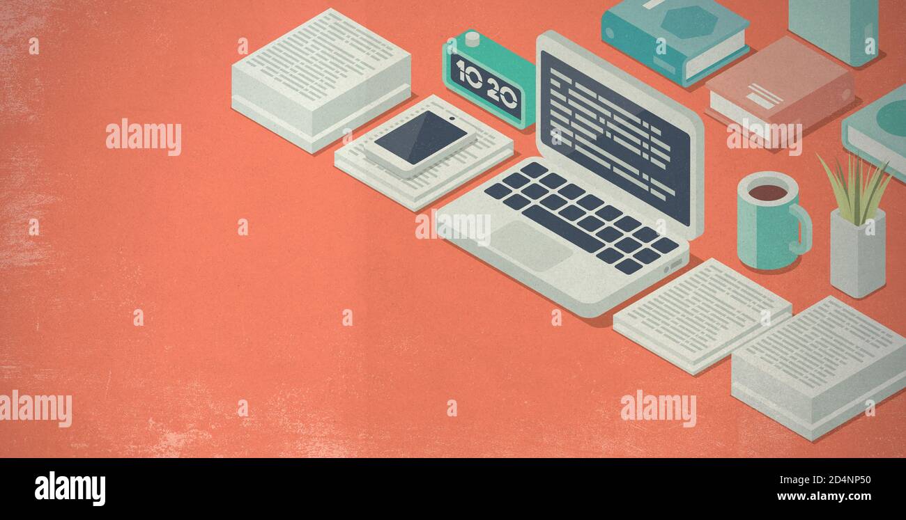 Contemporary writer desktop with laptop, piles of sheets and text ...