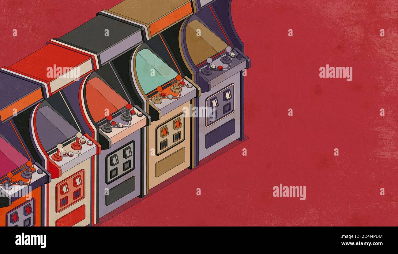 Set of arcade machines, vintage videogames concept, 3D illustration ...