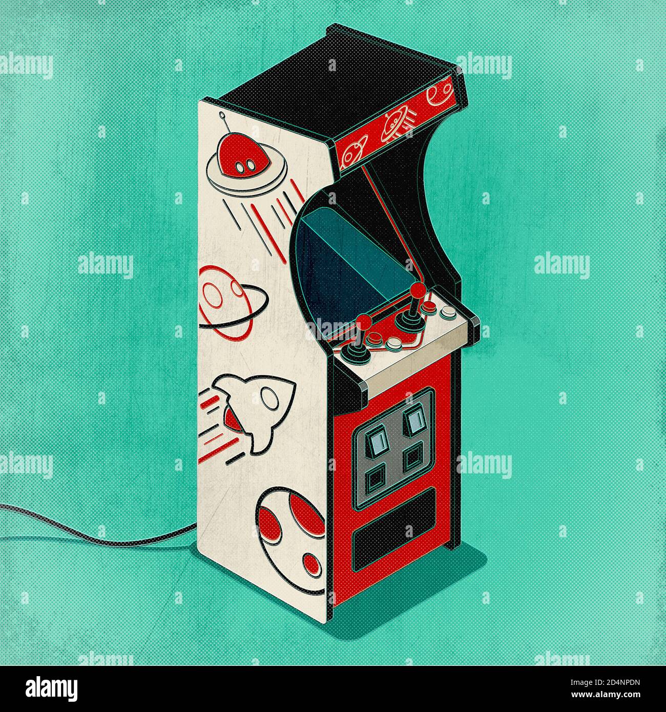 Colorful arcade machine with space decorations, vintage videogames ...