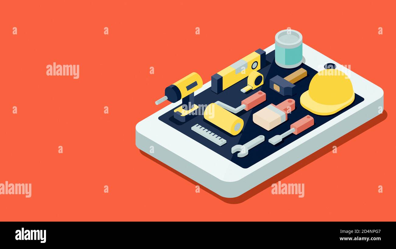DIY tools on a touch screen smartphone, do it yourself app concept, 3D ...