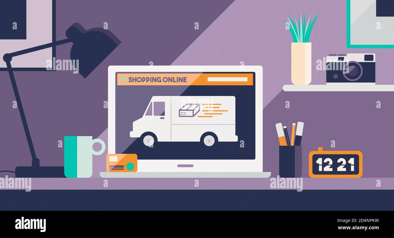 Online shopping and home delivery: laptop showing a courier van ...