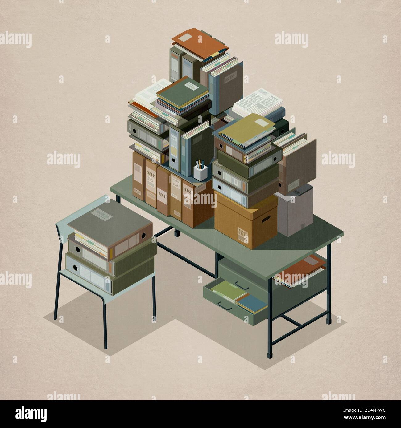 Piles of paperwork, folders and binders on a vintage style desk, 3D ...