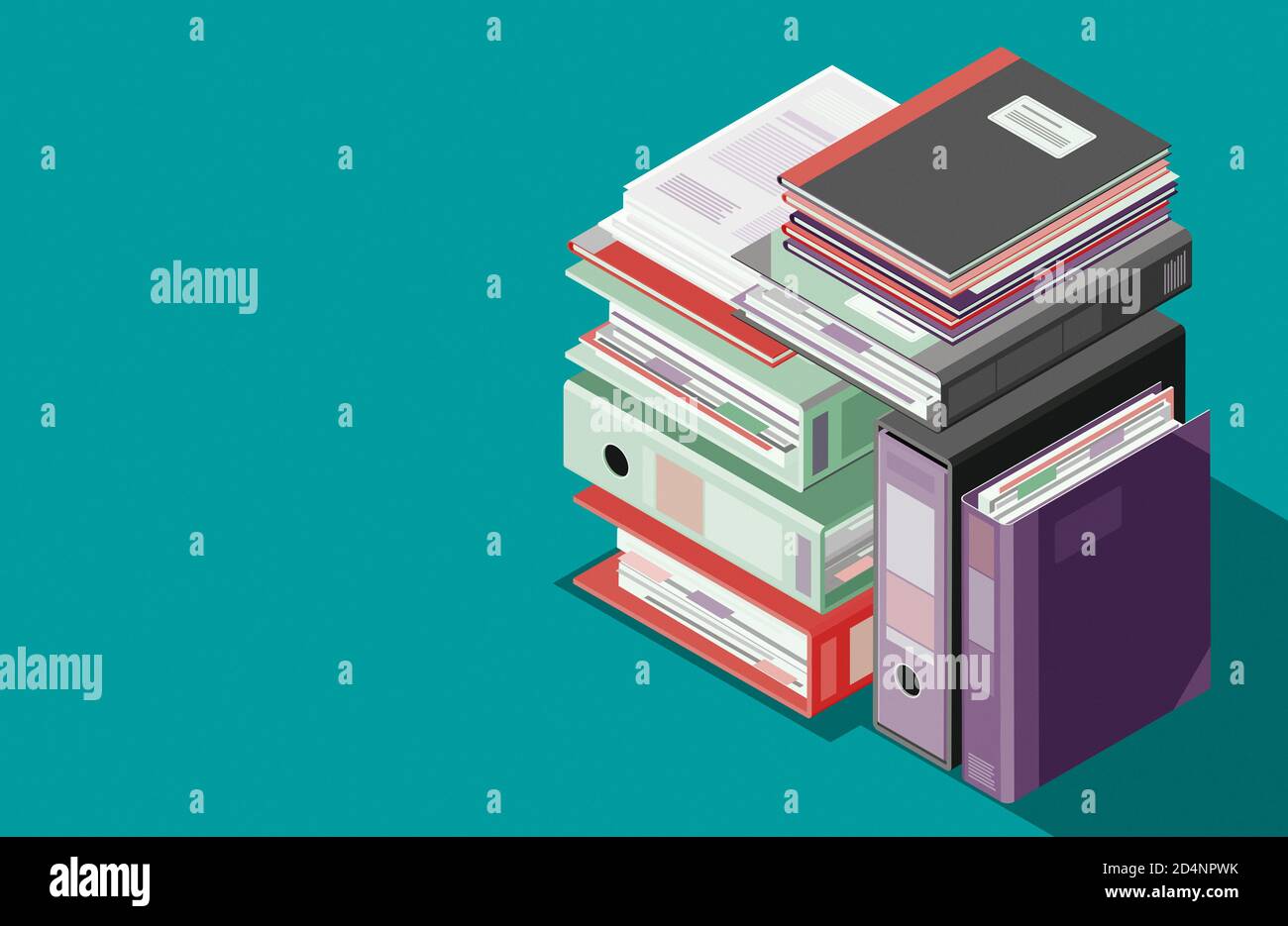 Piles of paperwork and folders on green background, 3D illustration ...