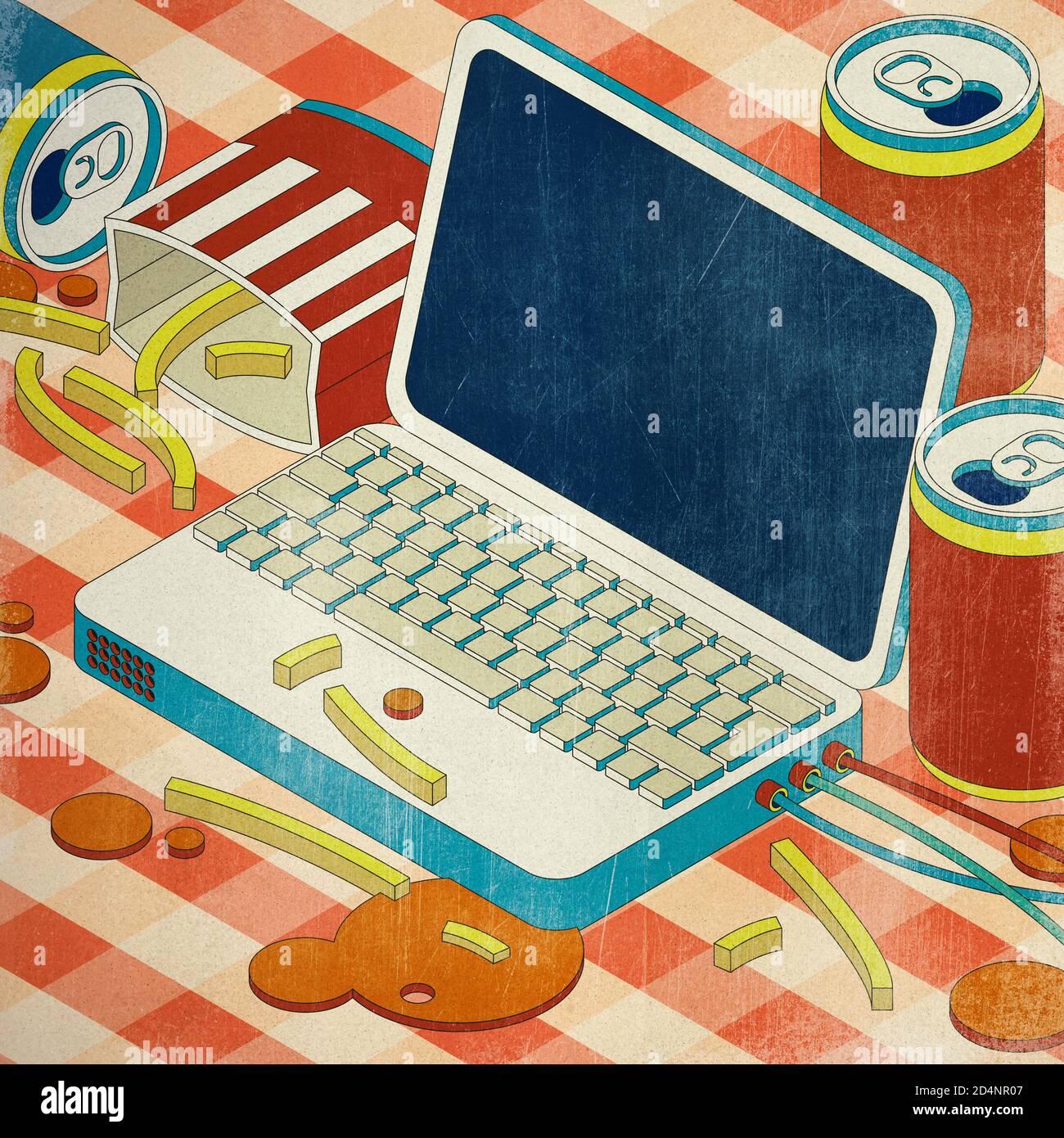 Laptop on a messy dirty tablet with fast food and empty cans, pop style ...