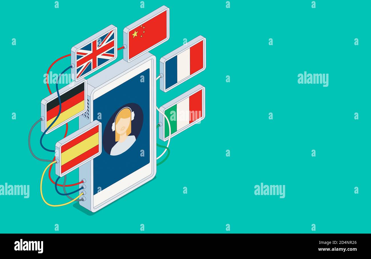 Language learning online courses and translation app, isometric 3D ...