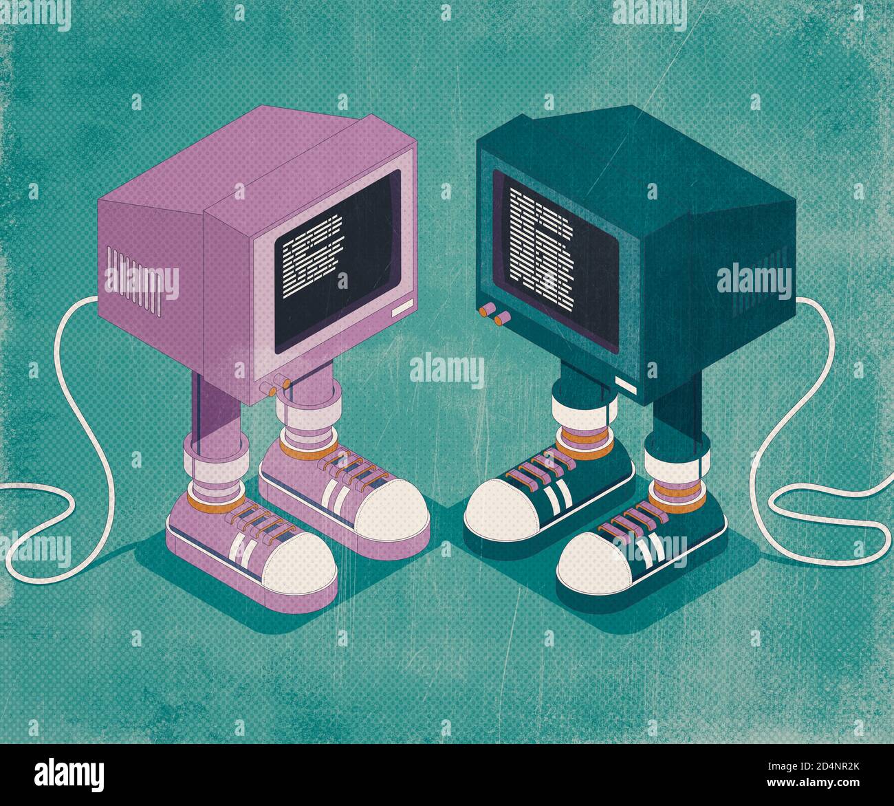 Funny old computers, male and female characters looking at each other ...