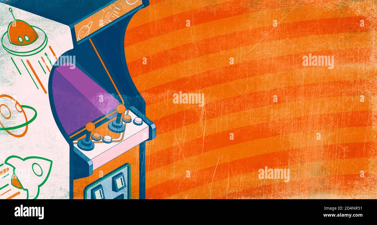 Colorful arcade machine with space decorations, vintage videogames ...