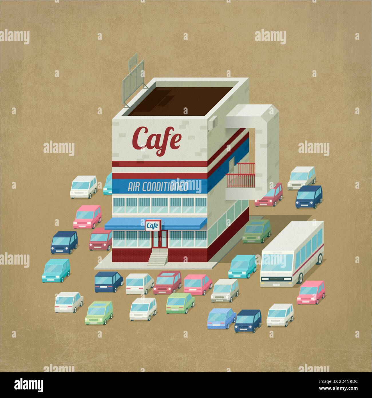 Cafe bar building shaped like a cup of coffee, cars and a bus parked ...