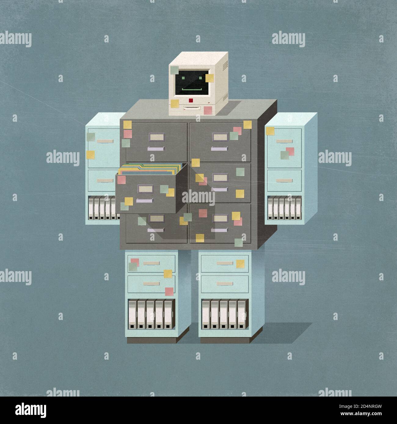 Smiling filing cabinet robot, his head is a vintage computer monitor ...