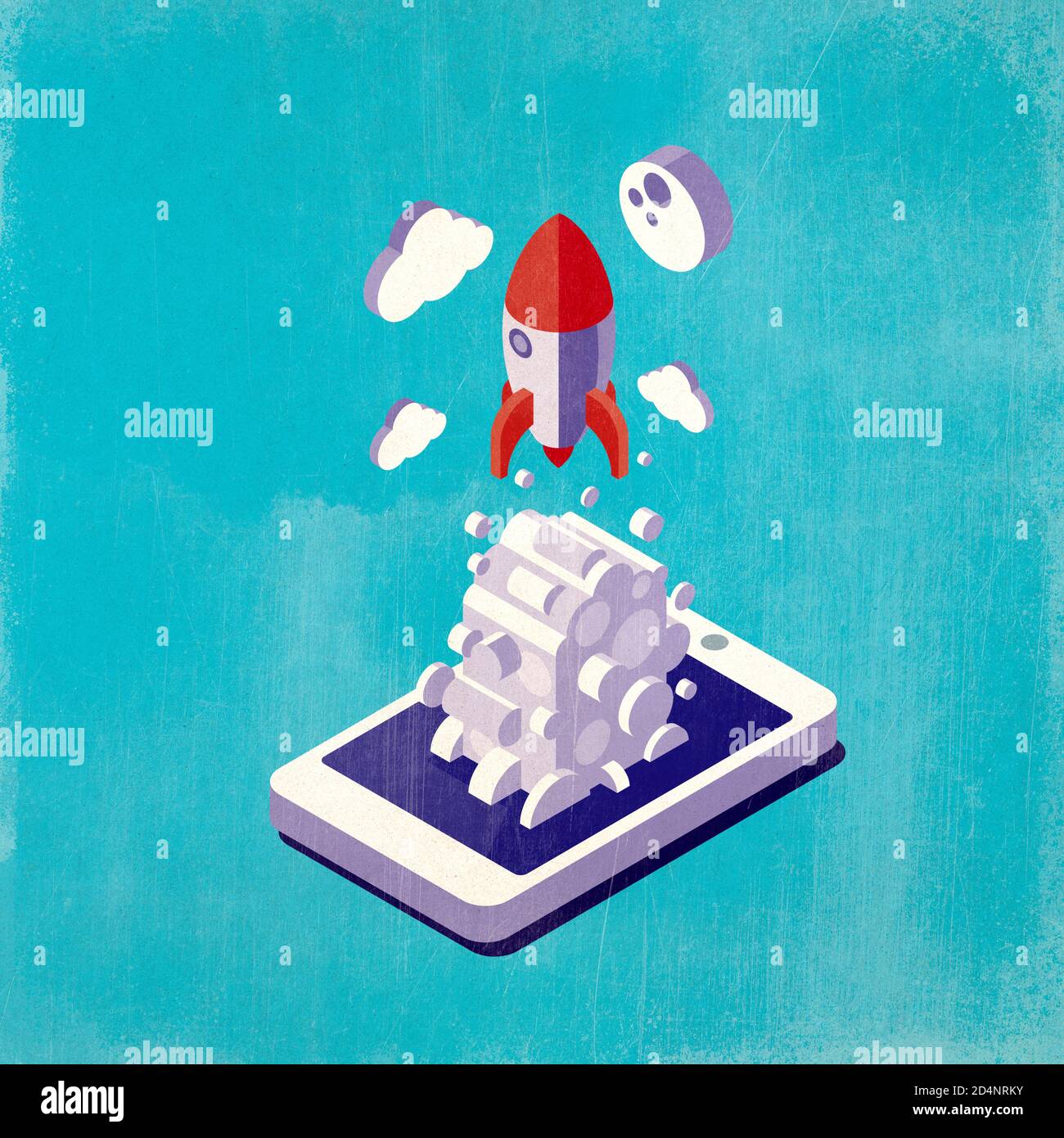 New start up business, rocket launch on smartphone, isometric 3D ...