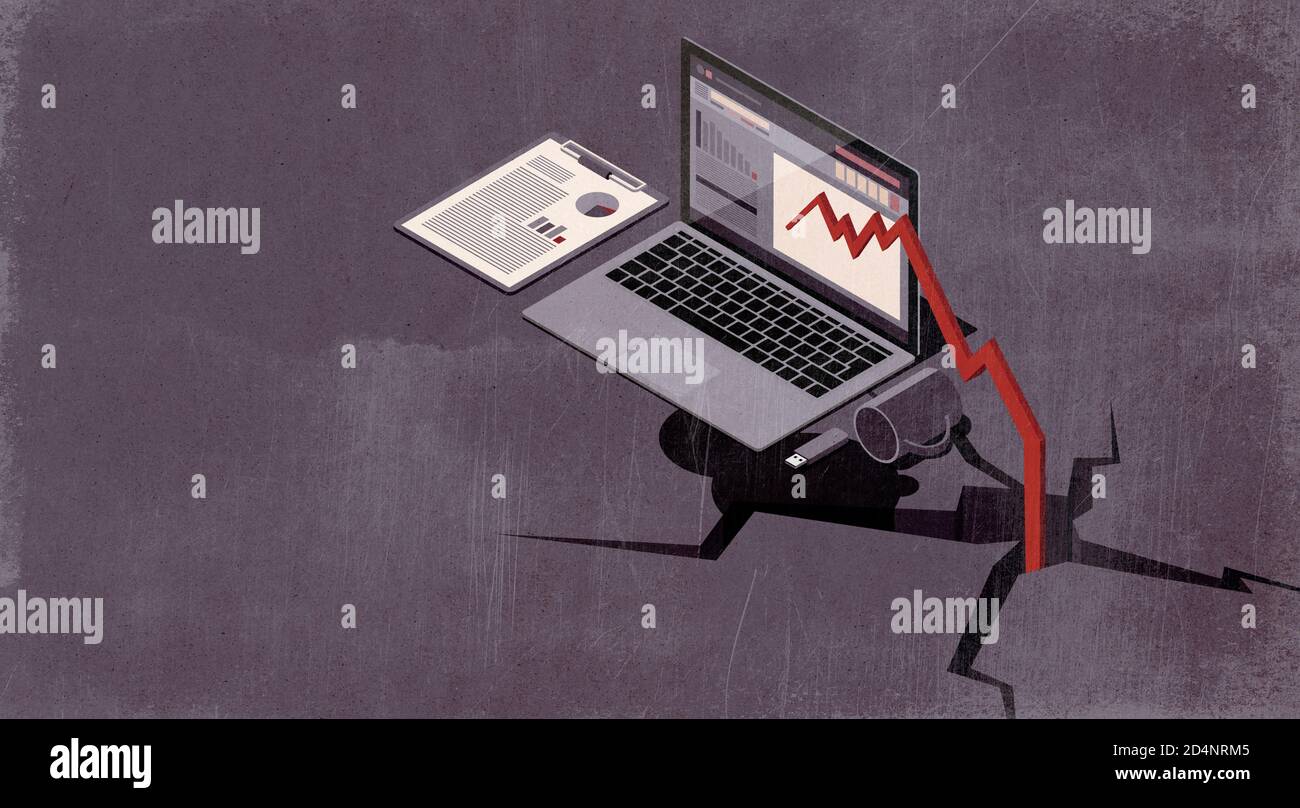 Financial chart with arrow going down and crack on the desktop ...