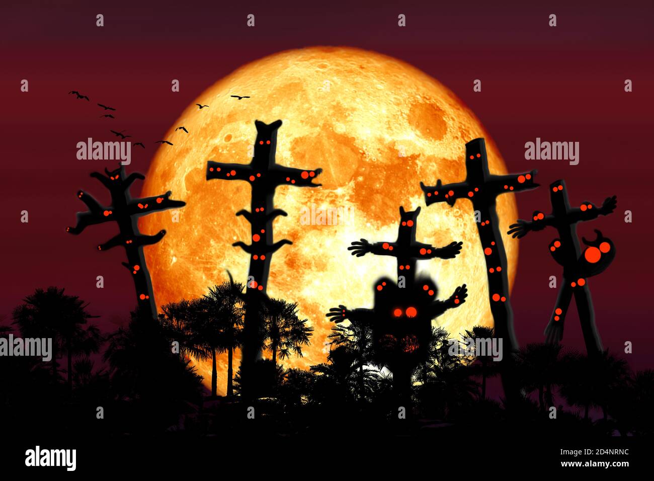 Super blood moon and silhouette tomb and ghosts in the night sky ...