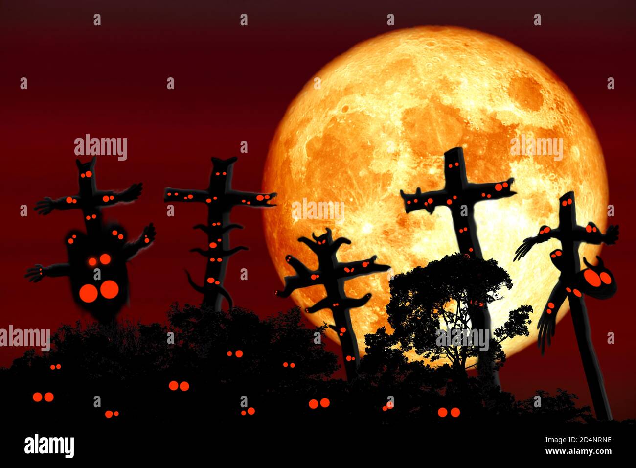 Super blood moon and silhouette top tree on night red sky with ghosts ...