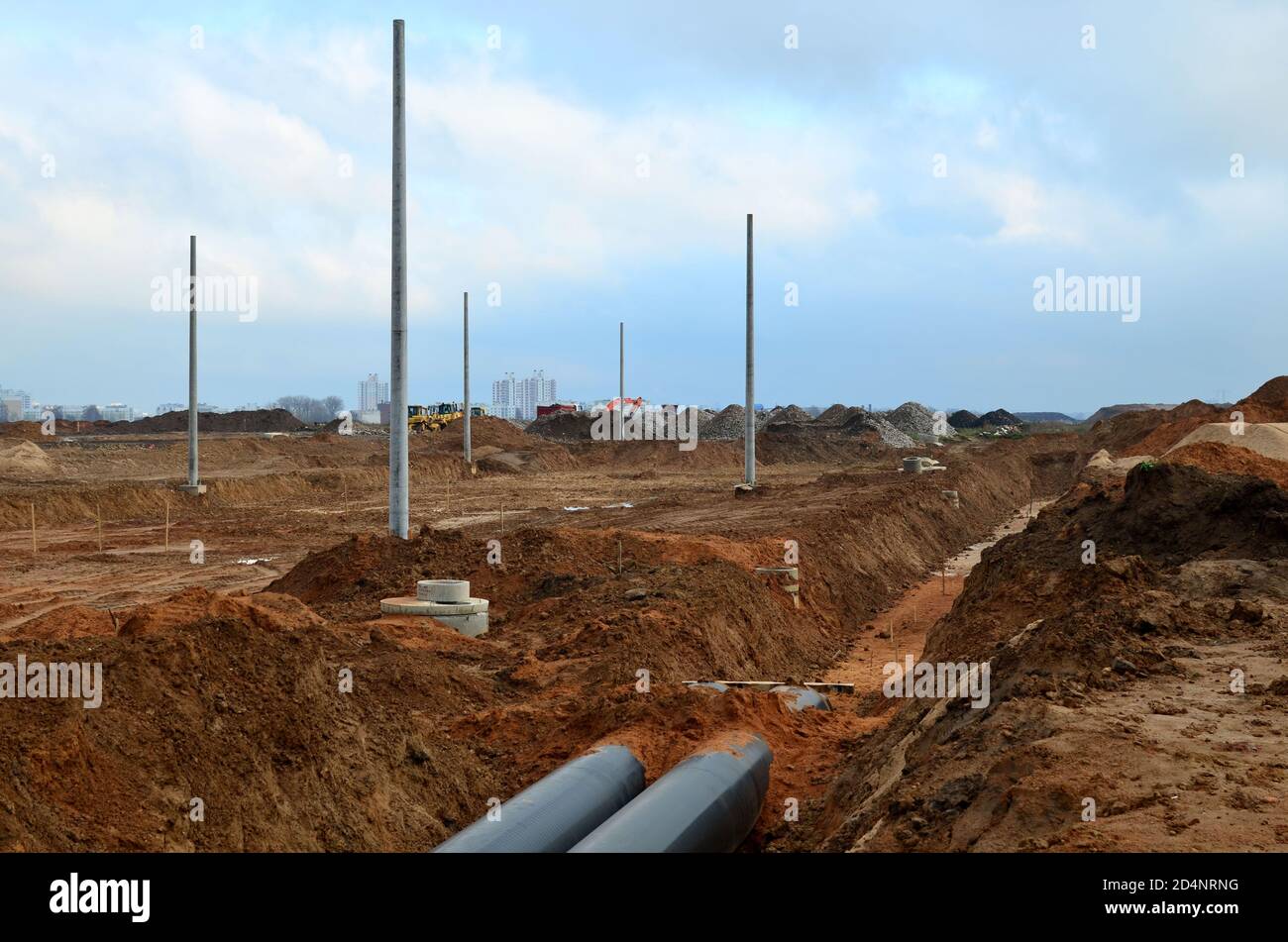 Laying underground storm sewers at a construction site. Groundwater ...