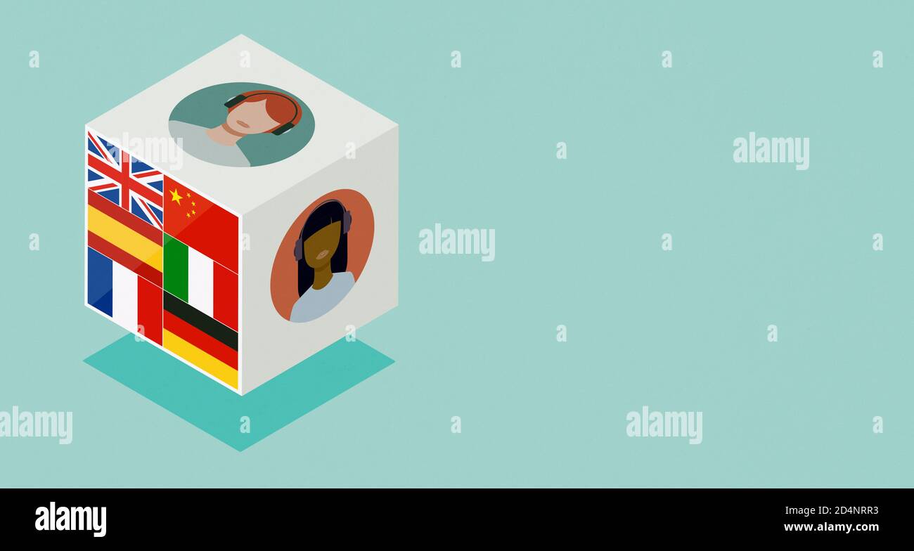 Cube with flags and students connecting together, online language ...