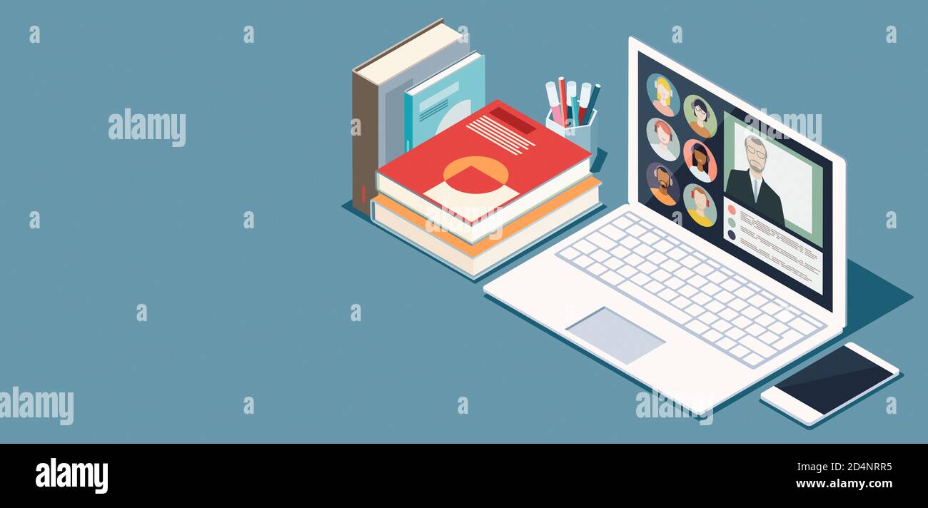 Professor connecting with his students in a video conference, laptop ...