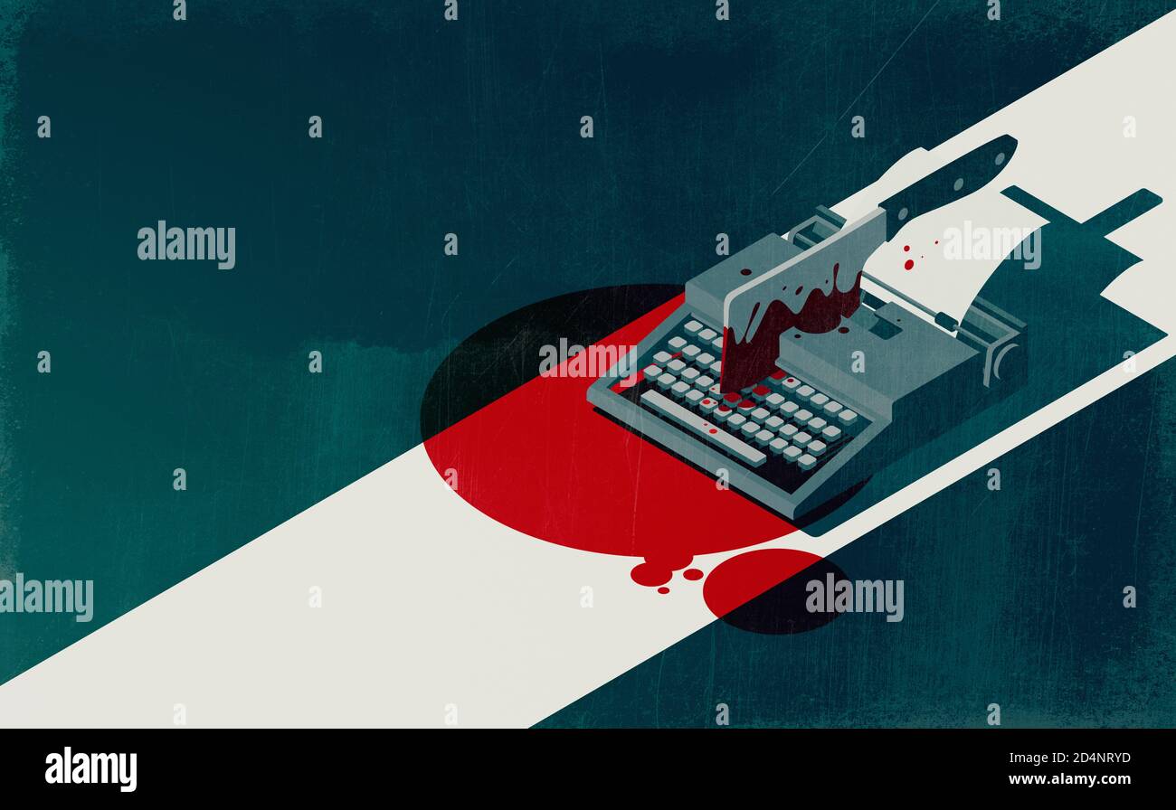 Horror movie concept: cleaver stained with blood and vintage typewriter ...