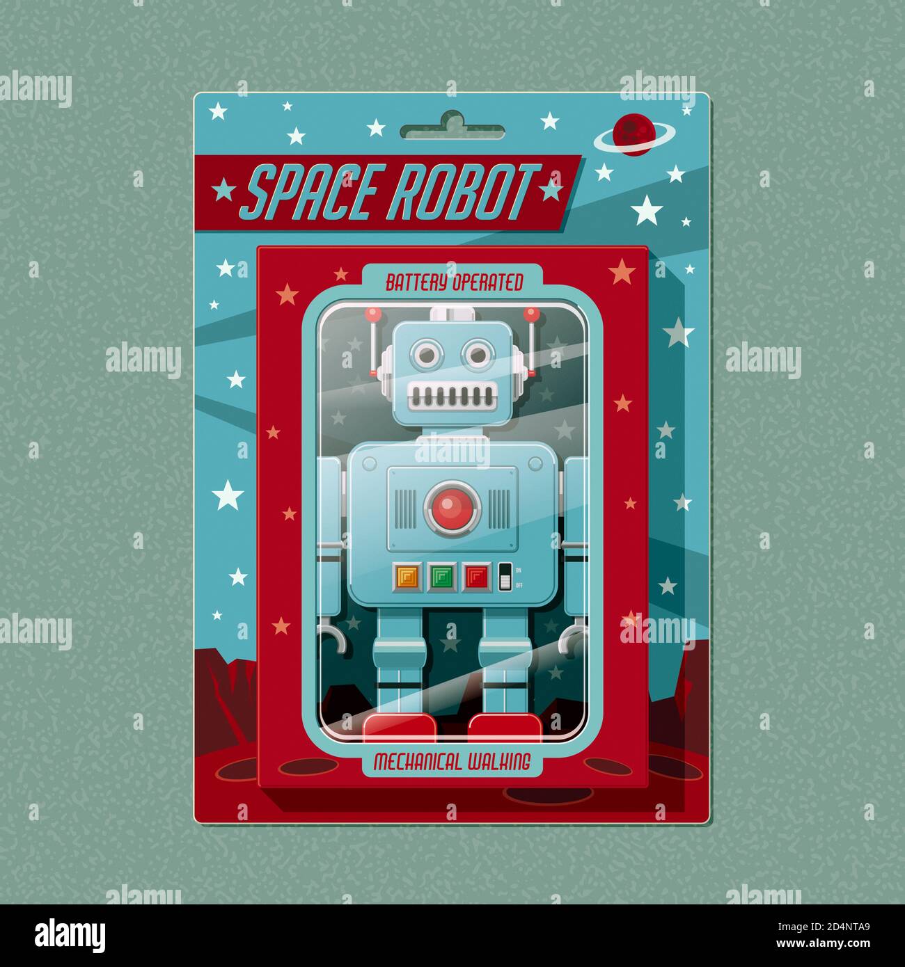 Colorful space robot in its package with buttons and antennas, vintage ...