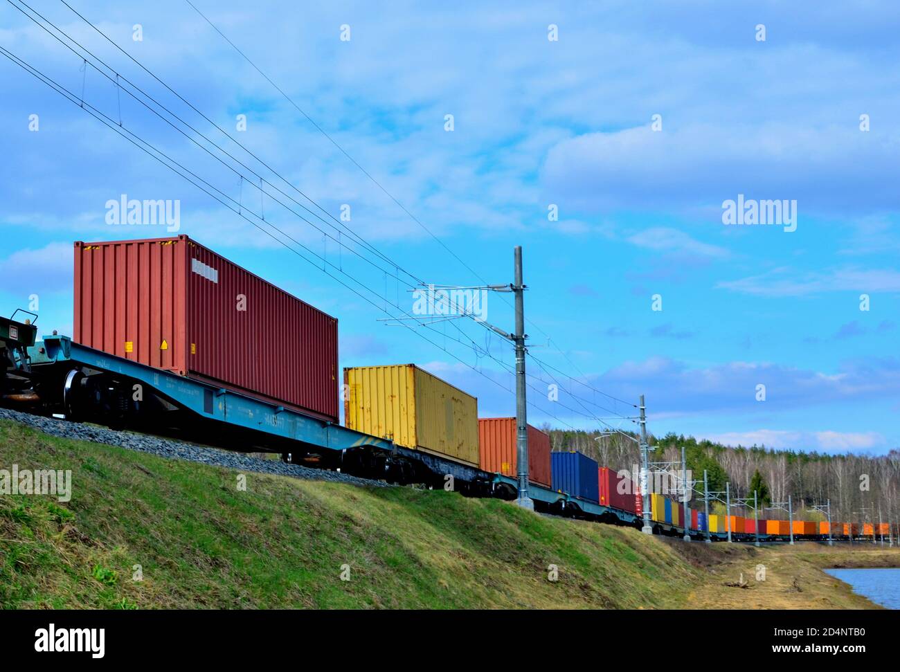 Freight train, transportation of railway cars by cargo containers ...