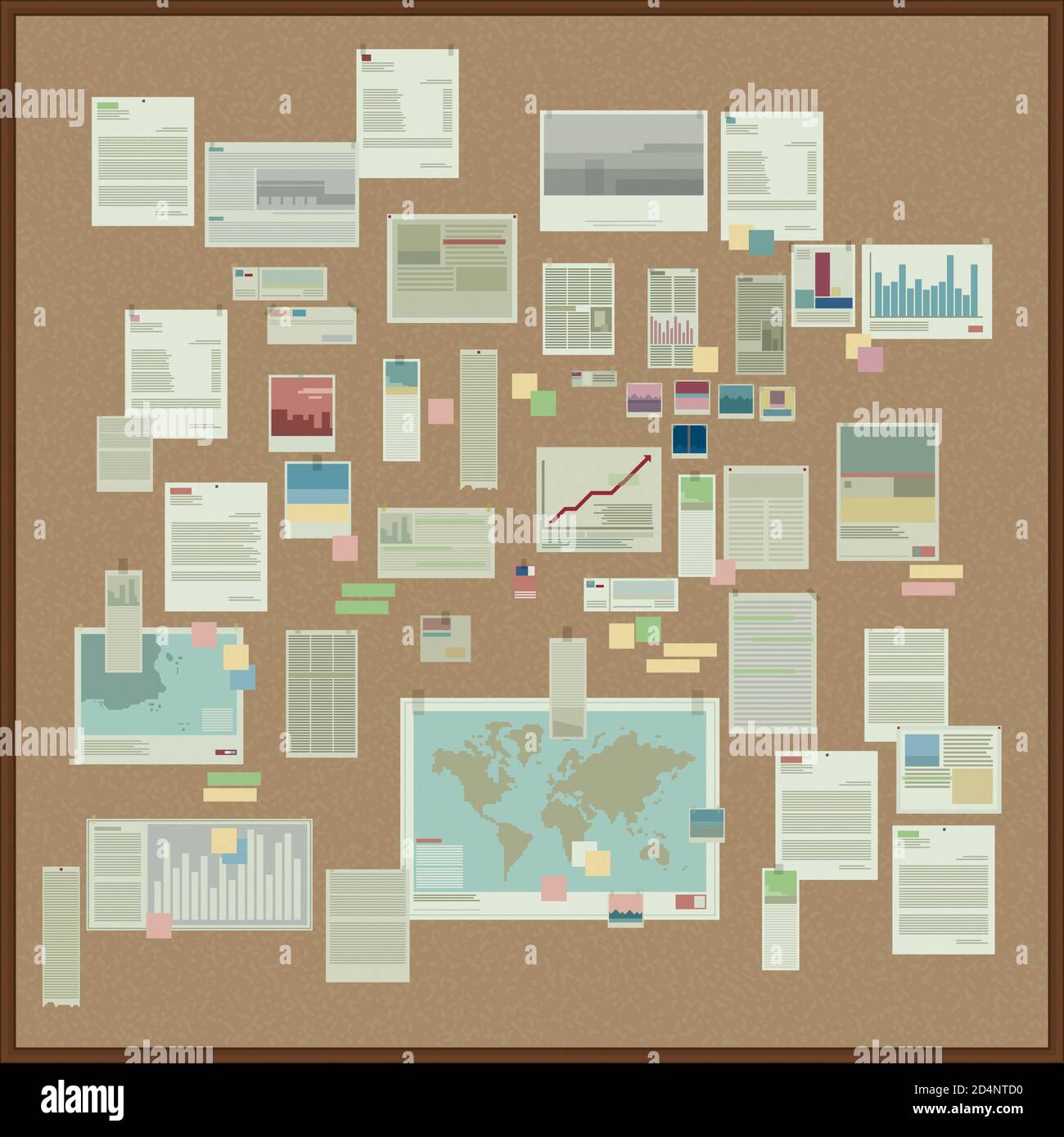 Creative business pinboard with stick notes, pictures, bills, financial ...