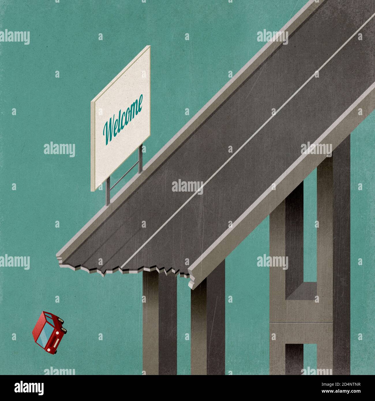 Car falling from the collapsed highway, a billboard sign says "Welcome ...