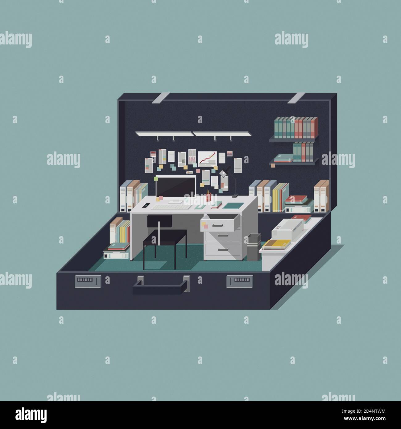 Portable tiny office in an open business briefcase 3D illustration ...
