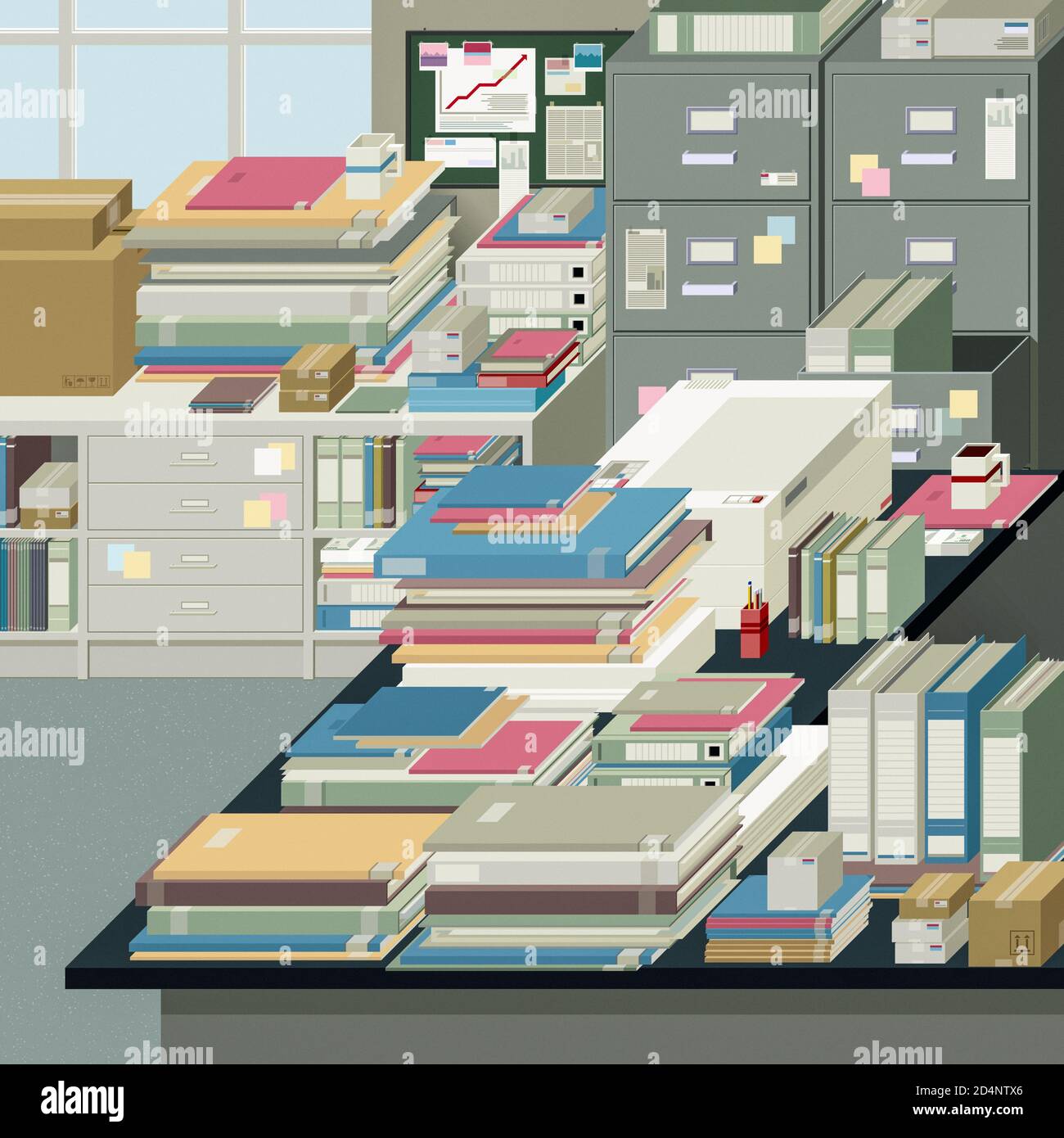 Messy office isometric illustration with piles of documents and folders ...