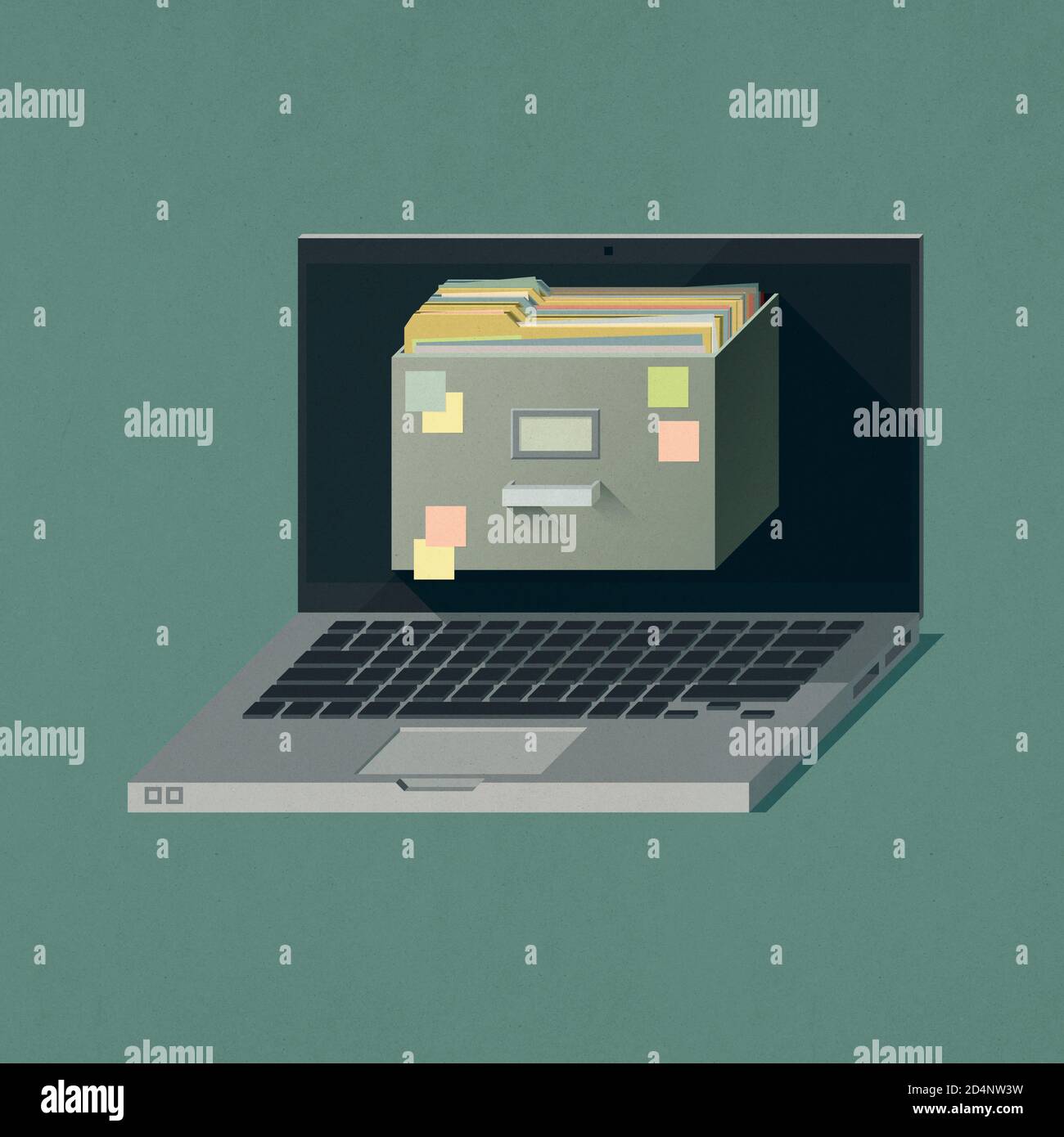 Filing cabinet drawer with folders opening on a laptop's screen ...