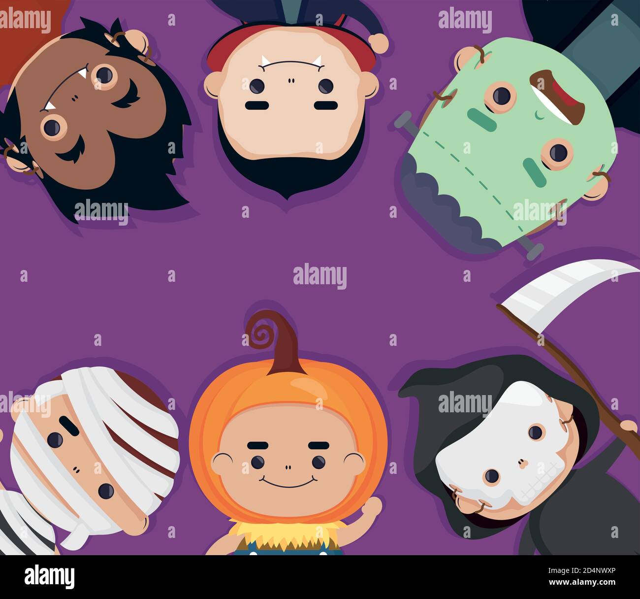happy halloween group of cute characters around vector illustration ...