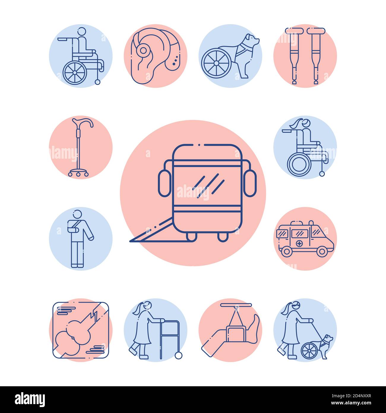 bus stop with ramp and bundle of disabilities set icons vector ...
