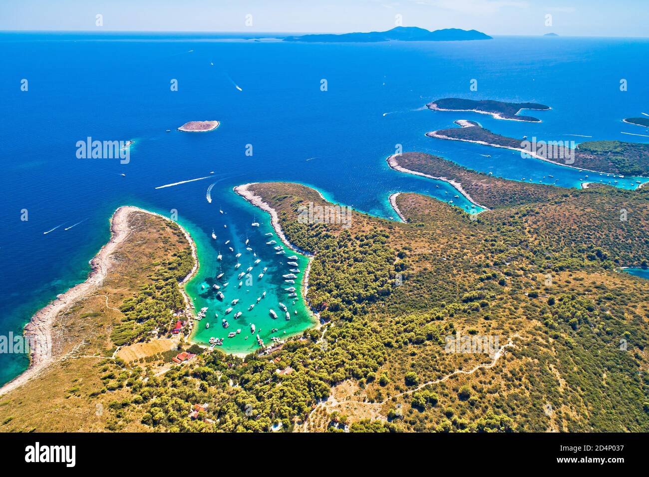 Aerial panoramic view of Palmizana, sailing cove and turquoise beach on ...